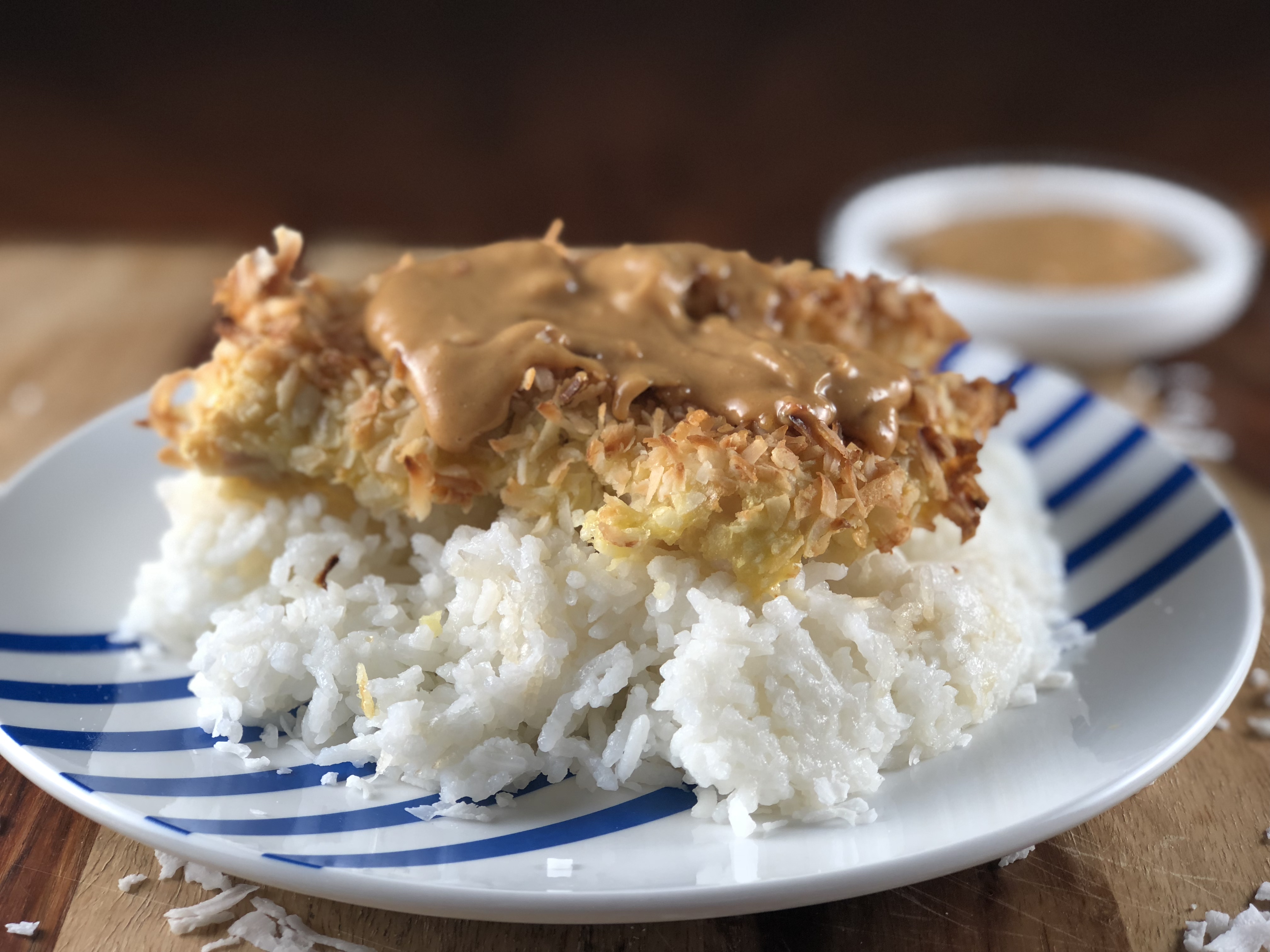 Coconut crusted chicken with peanut sauce - chicken IBS recipe